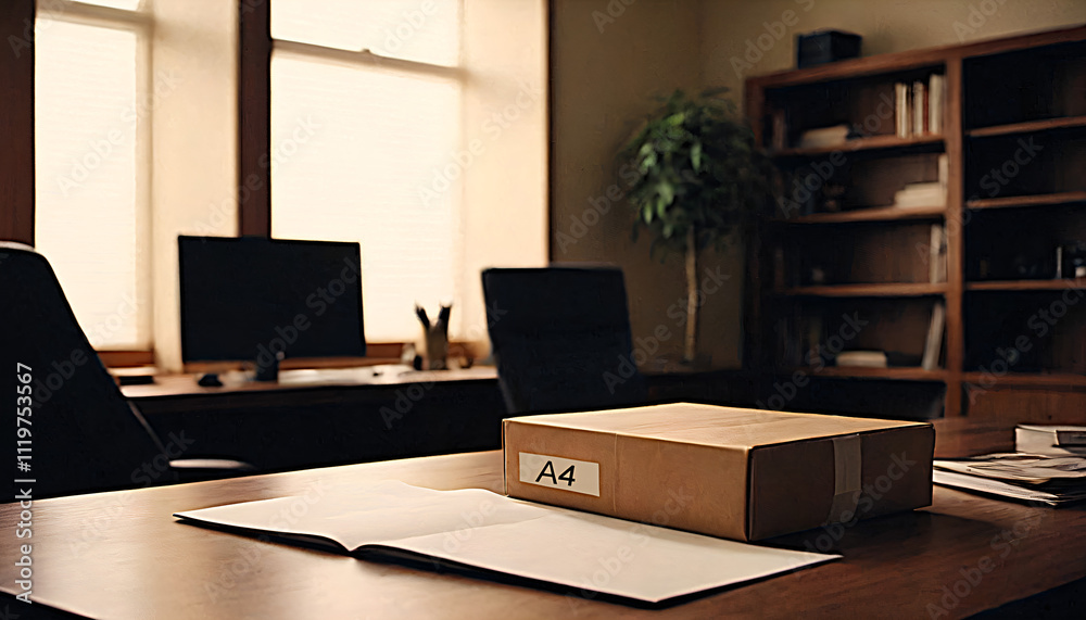 mockup of A4 printer paper box on a desk in an office with plants and ...