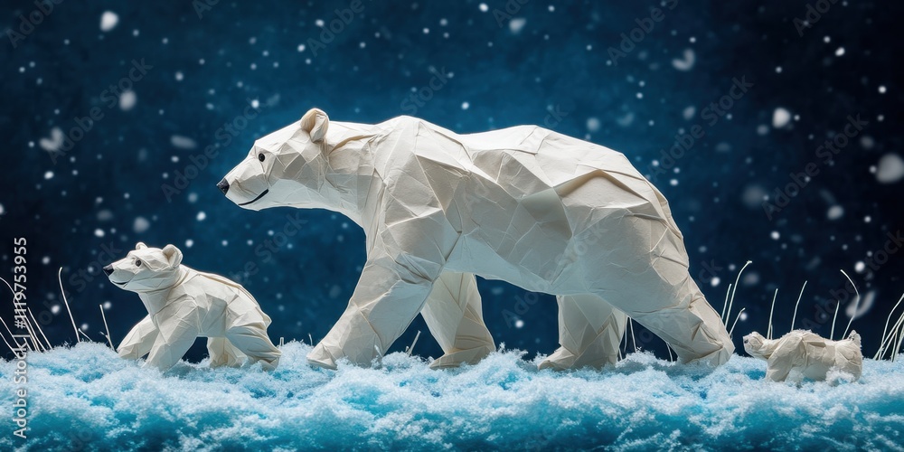 Origami polar bears exploring a snowy landscape under a starry night ...