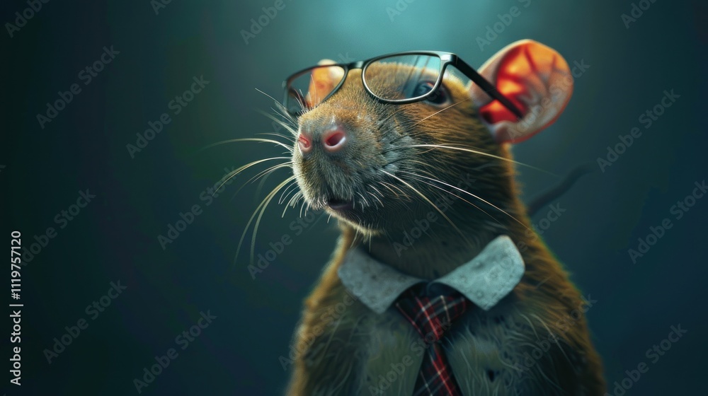 Professional rat wearing glasses and tie standing while bragging ...