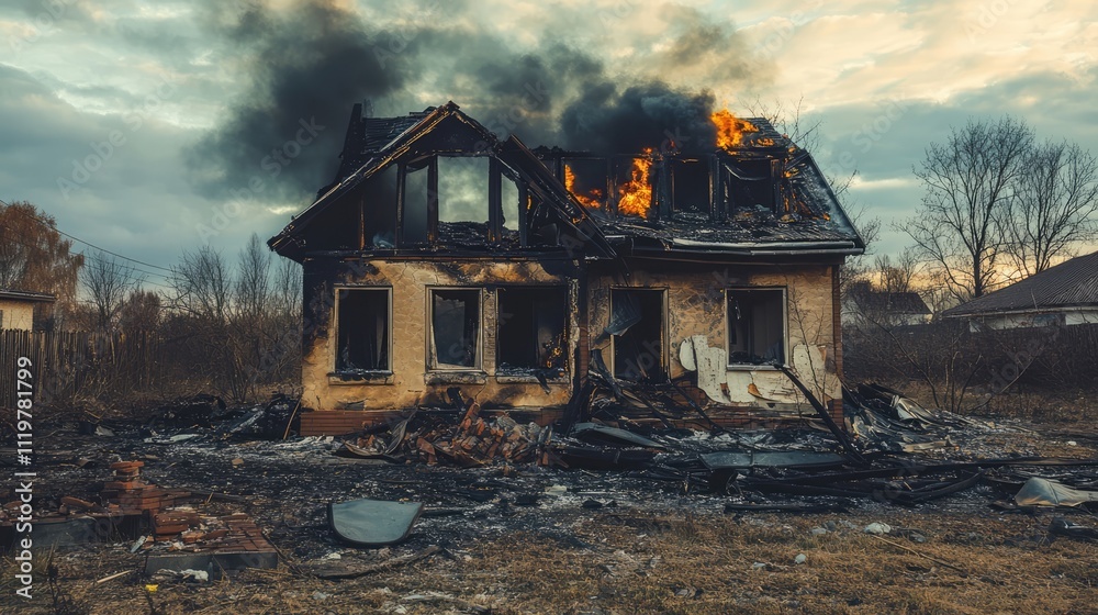 Burnt house after fire destruction showcasing damage in daylight with ...