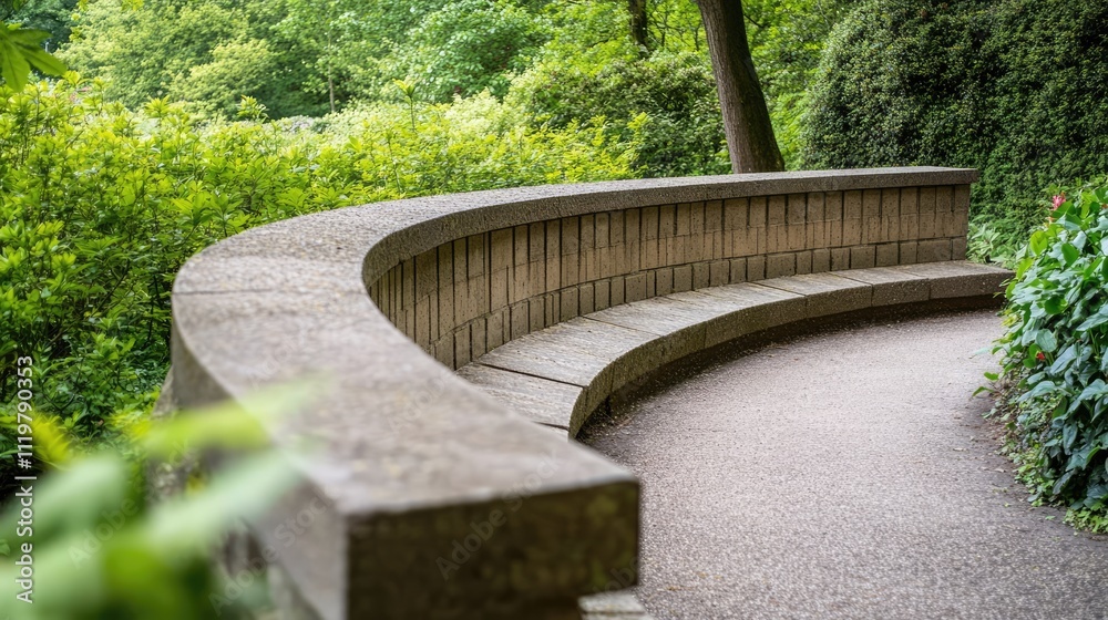 Curved concrete retaining wall composed of textured fragmented blocks ...