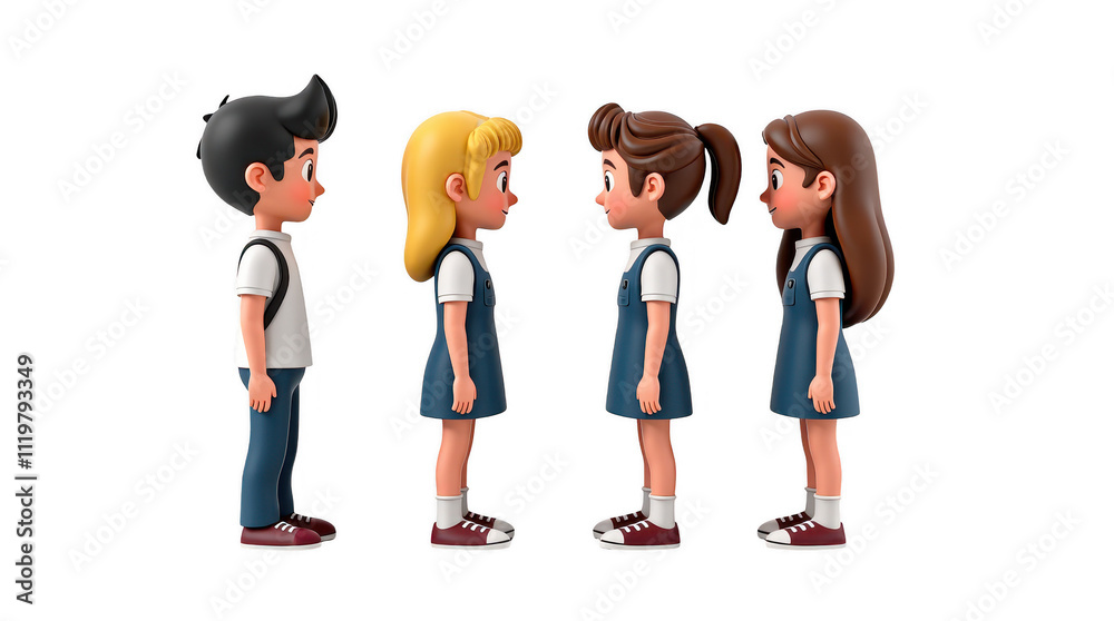 Cartoon Children Standing Side by Side on Transparent Background for ...