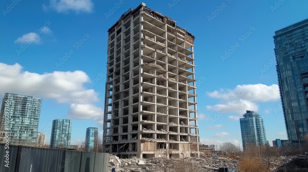 Partially demolished high-rise building at a demolition site under a ...