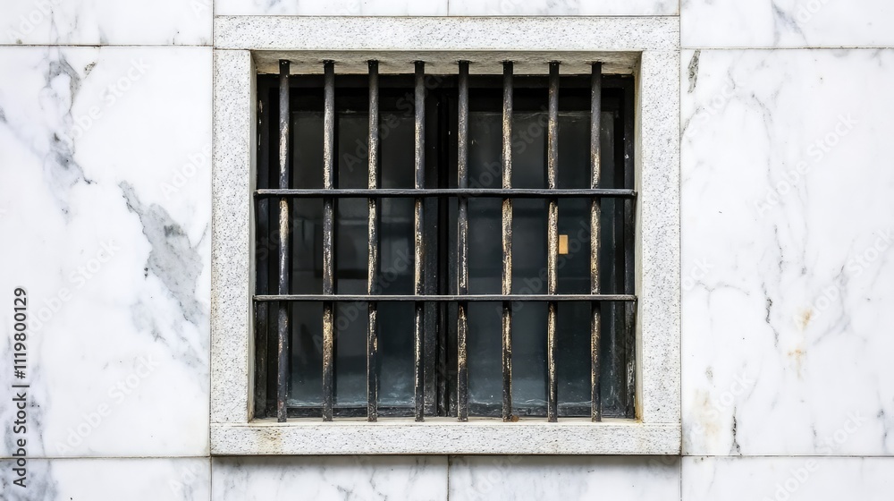 Wrought iron security bars on a marble wall window highlighting ...