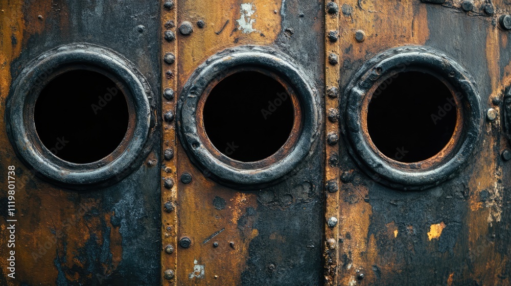 Rustic ship portholes with weathered metal texture and anchor details ...