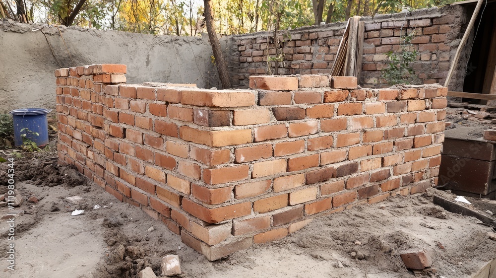 Bricklaying Construction Process of a Brick Wall in a Rural Setting ...