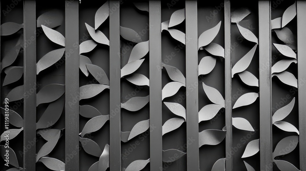 Architectural detail of a steel shade louver with leaf patterns ...