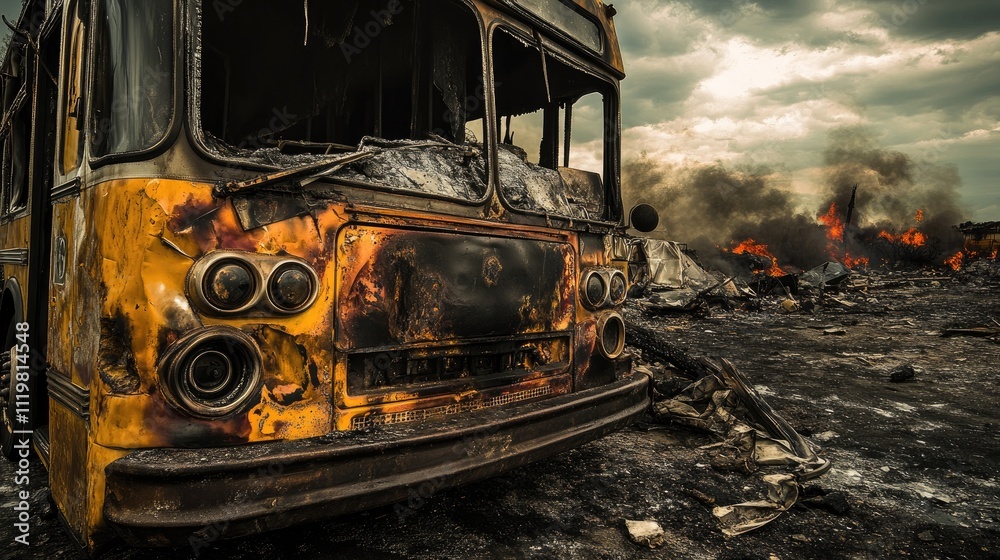 Foto de Stock Burned out bus engine remnants with smoke and destruction ...