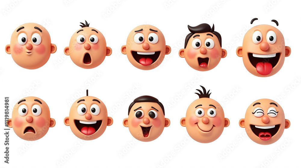 Cartoon Faces Illustration Set with Various Expressions on Transparent ...