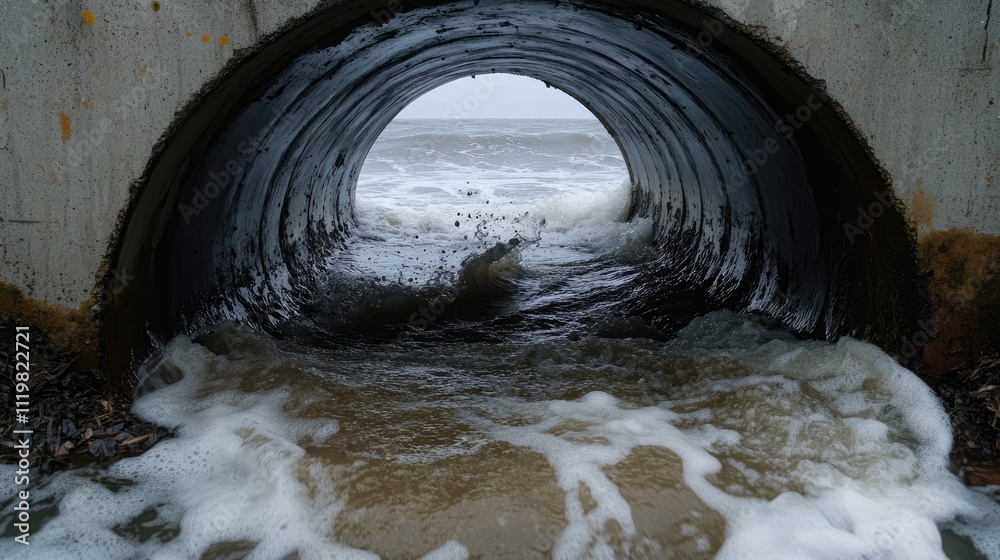 Drainage culvert managing floodwaters flowing into the ocean during a ...