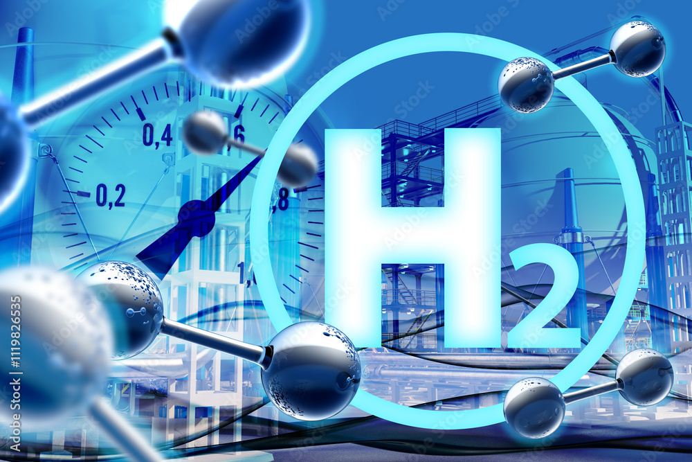 Hydrogen energy. H2 logo near gas power station. Hydrogen molecules ...