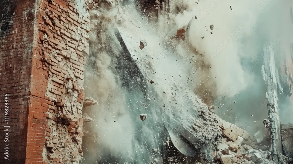 Demolition close-up of a heavy machine breaking down a brick wall with ...