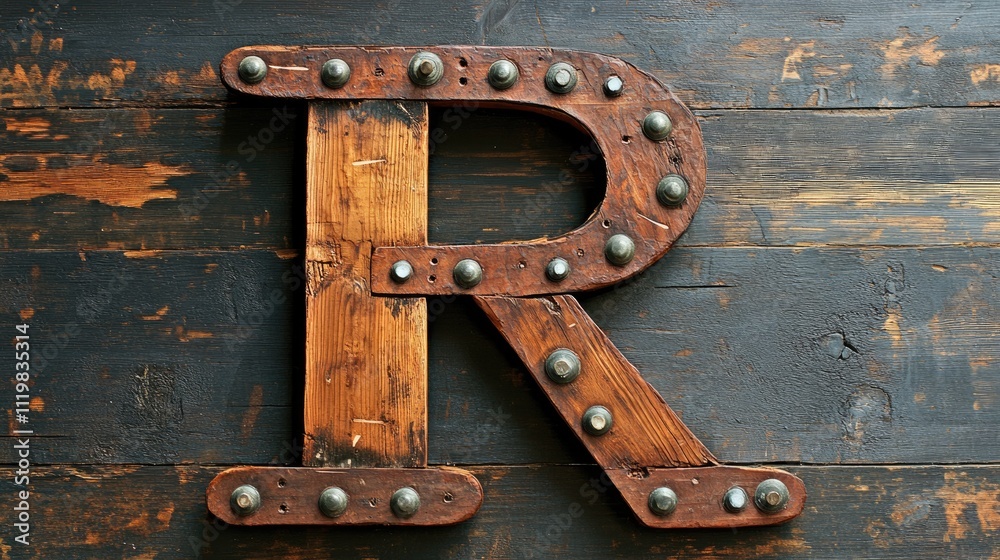 Vintage wooden and metal letter R with rivets on a rustic wooden ...