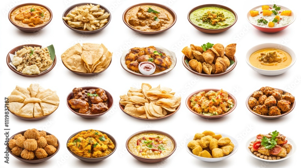 Diverse Indian cuisine platter featuring chicken curry samosas beef ...
