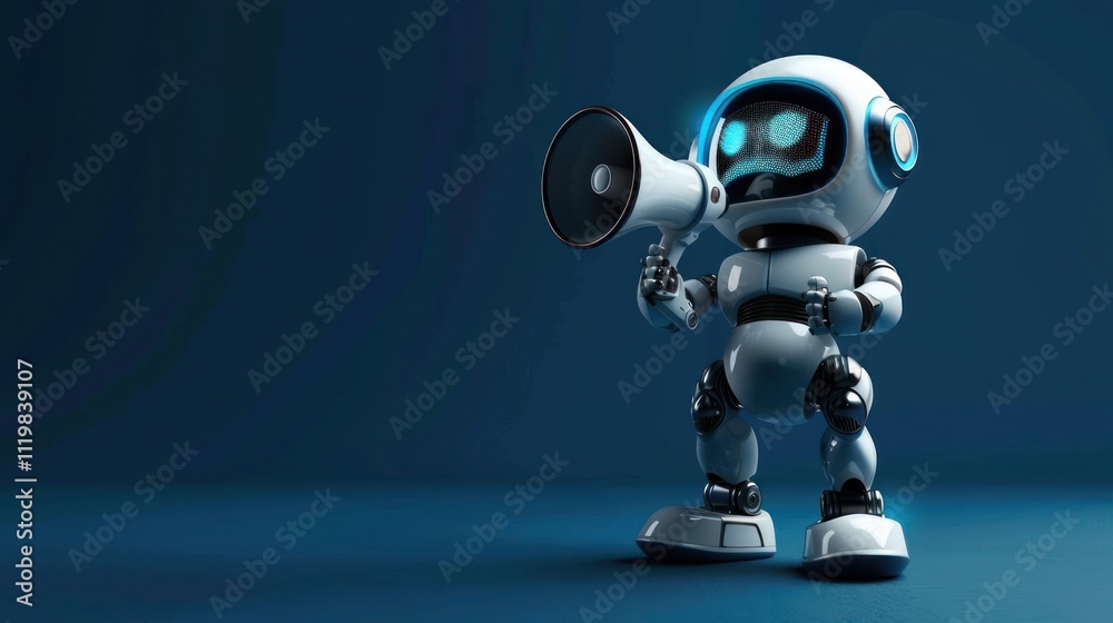 Small futuristic humanoid robot standing screaming with a megaphone, AI ...