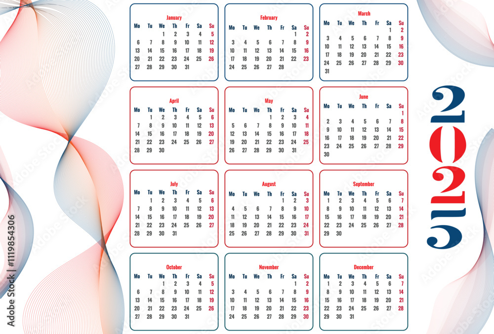 Printable 2025 yearly wall calendar template business stationery. 2025 ...