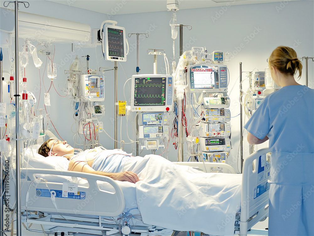 Modern hospital intensive care unit with medical equipment and ...