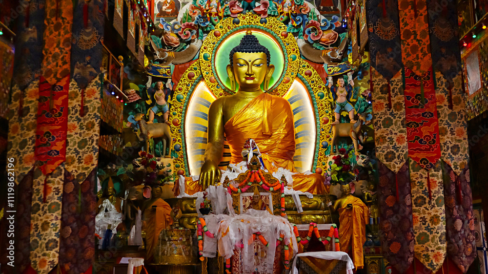 Statue of Lord Buddha in a meditative pose inside the main hall of ...