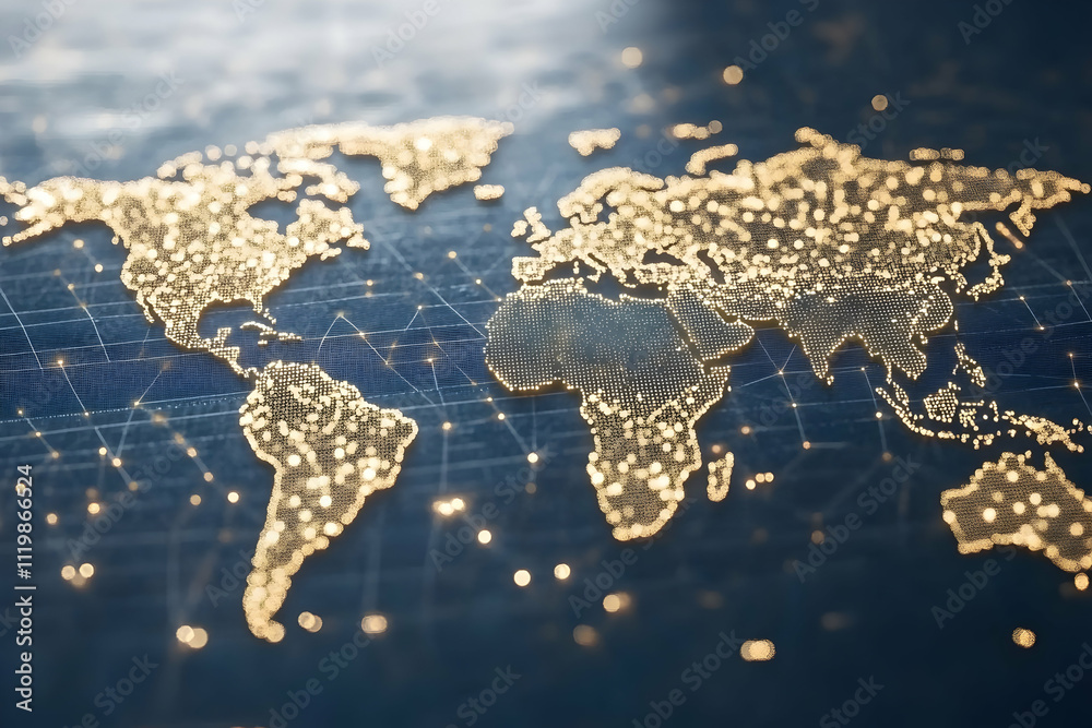 Illuminated world map with interconnected nodes representing global network. Stock Illustration ...