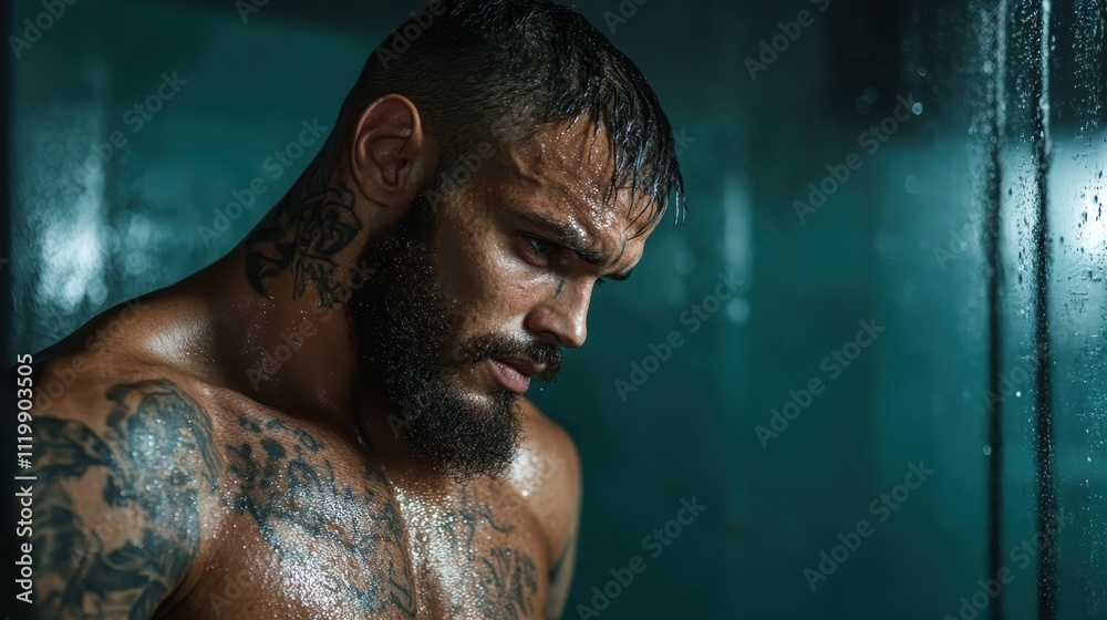 A determined man with tattoos engages in an intense focus workout ...