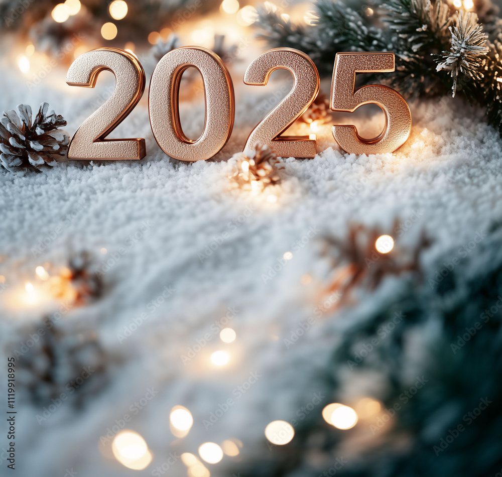 2025 New Year Celebration Concept: Describes the word "2025" in gold letters with bokeh light ...