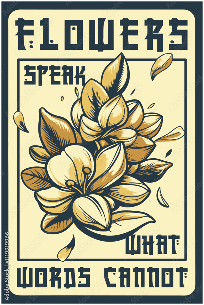 Golden flowers with falling petals are depicted on a poster with the ...