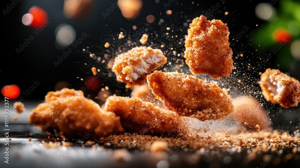 Dynamic action shot of chicken nuggets with crumbs flying against a ...