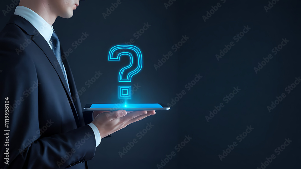 Businessman holding a tablet with holograph symbol question mark. any ...