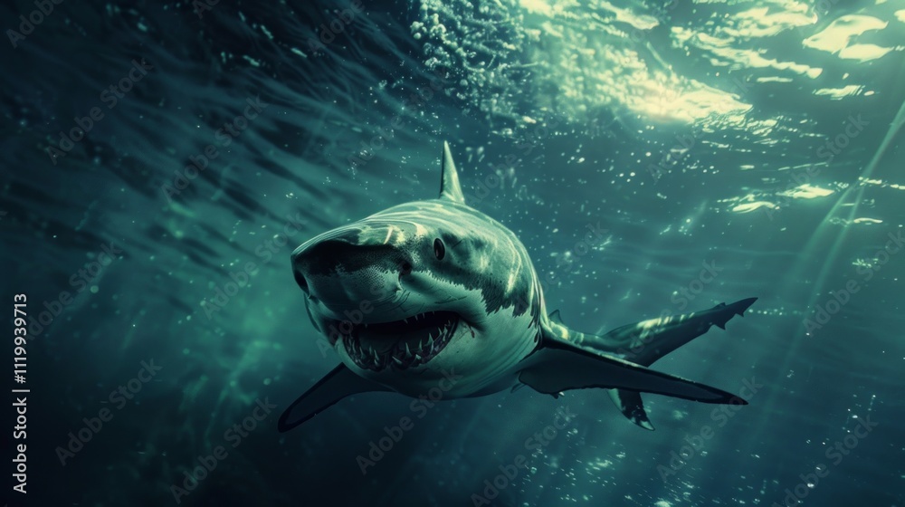 A photo of a great white shark swimming with its mouth open, teeth ...