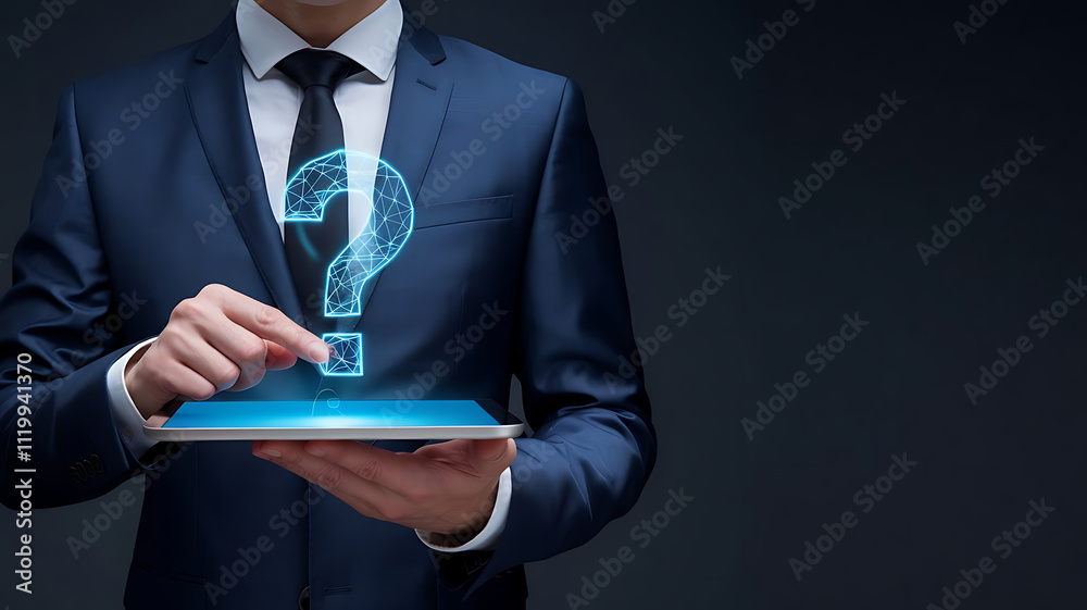 Businessman holding a tablet with holograph symbol question mark. any ...