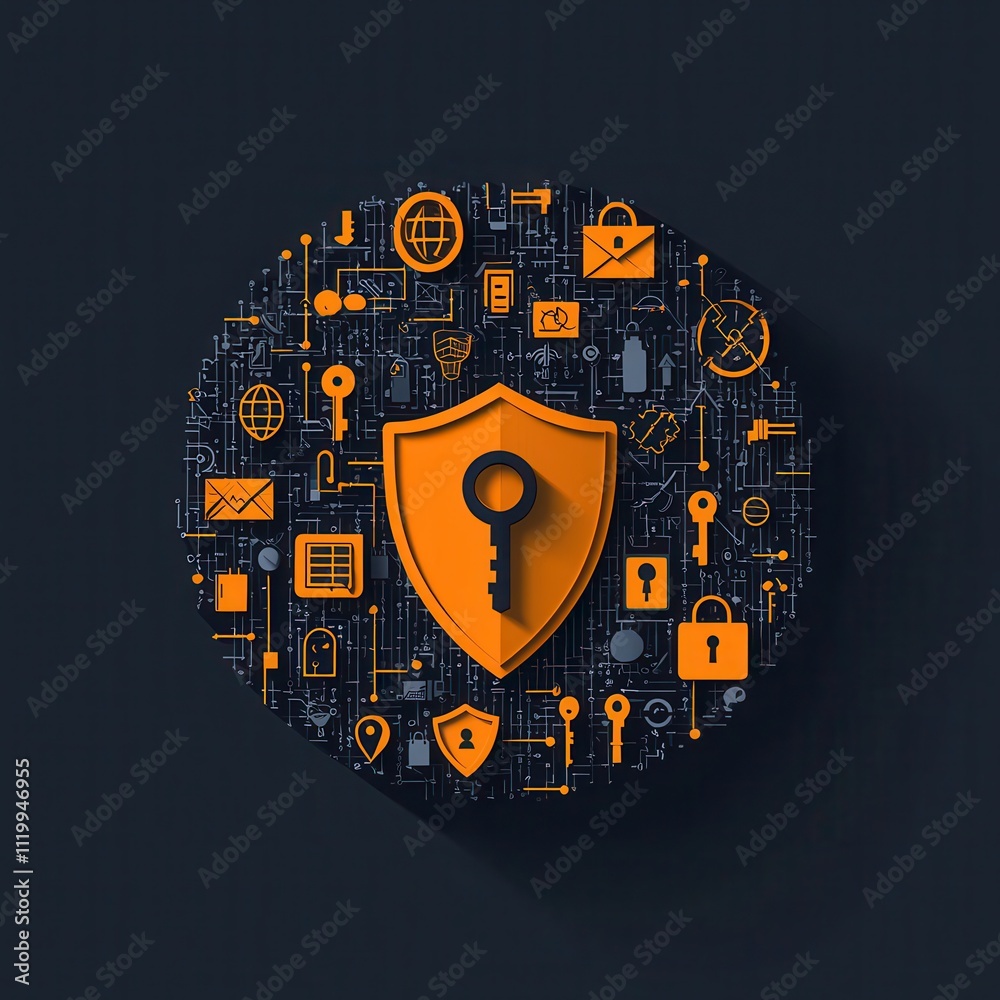 Cybersecurity icons forming a circle with shield digital environment ...