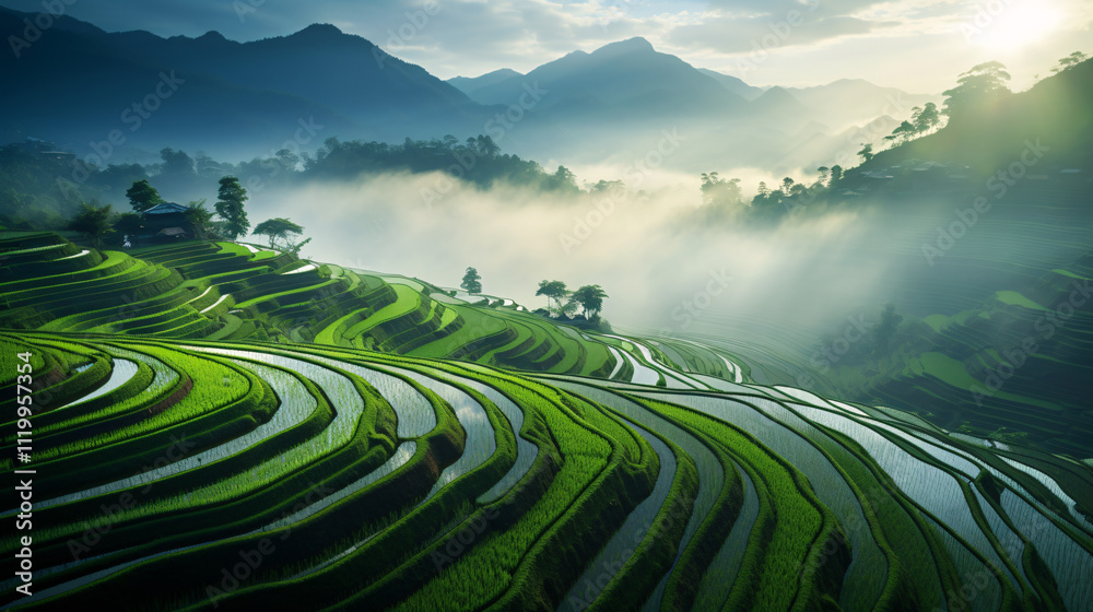 Terraced rice fields covered in morning dew, with the soft glow of ...