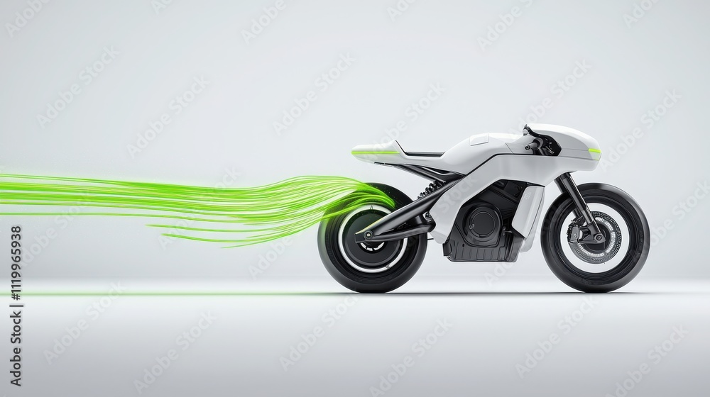Futuristic electric motorcycle emitting green energy urban cityscape ...