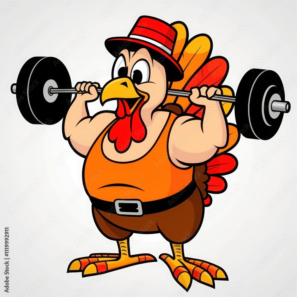 A cartoon turkey lifts a barbell, showing muscular arms and a bright ...