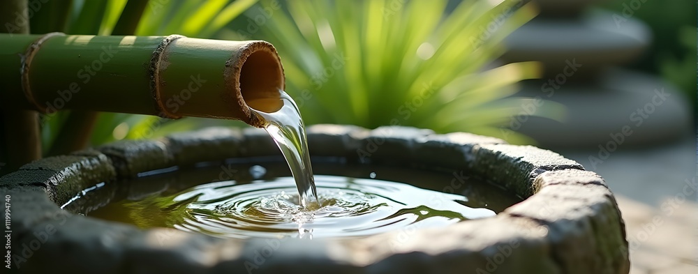Serene water flows from bamboo into a stone basin, creating a calming ...