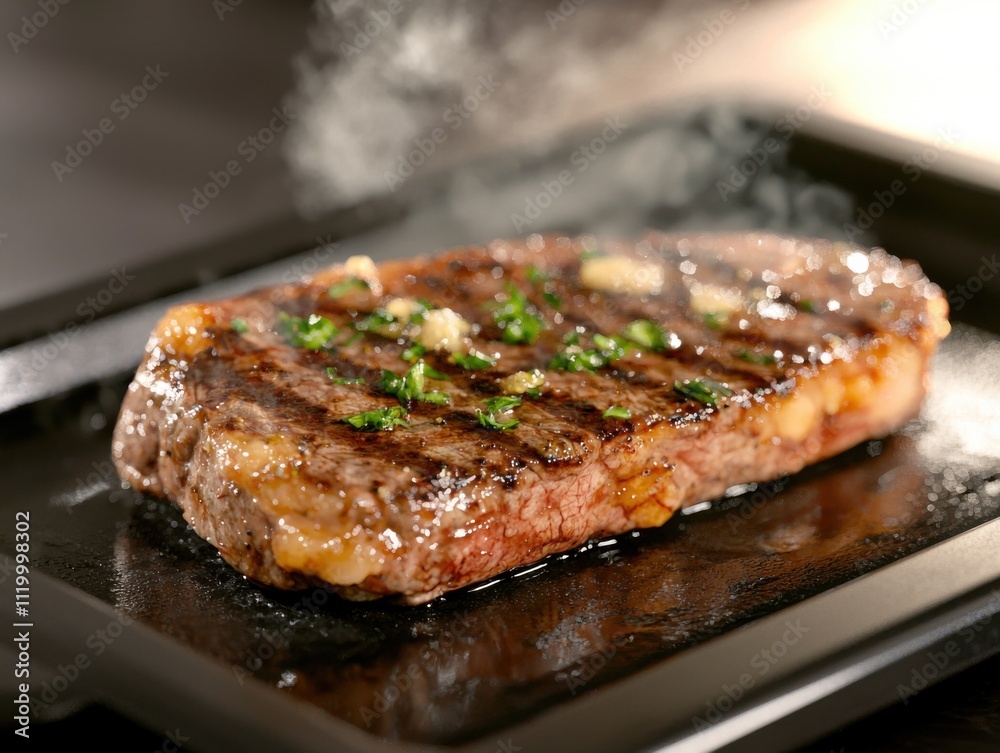Savoring smoky flavorswood-fired grill steak cooking gourmet restaurant ...