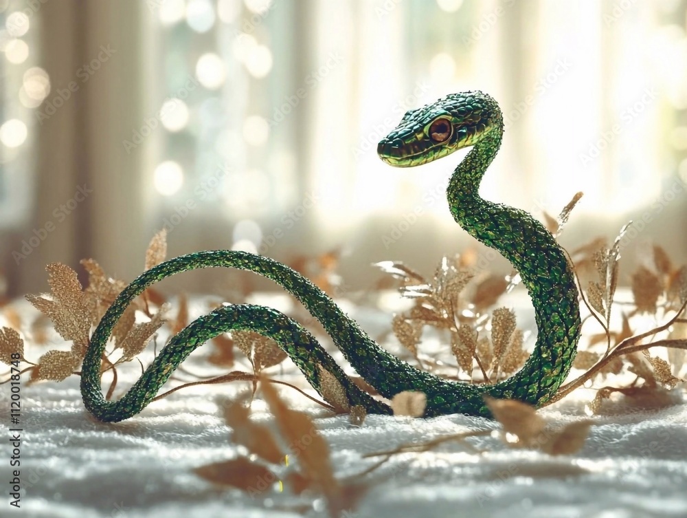 Beautiful fantasy cartoon 3D green snake with glitter and sparkle on ...