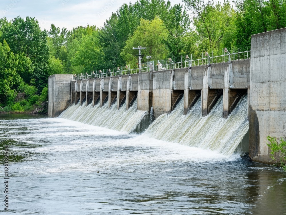 Dam with Waterfall on the River. Hydroelectric dam during Spring runoff ...