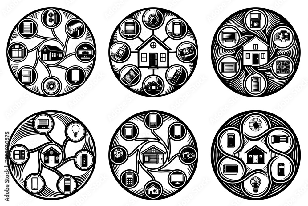 Six circular diagrams show smart home technology with connected devices ...