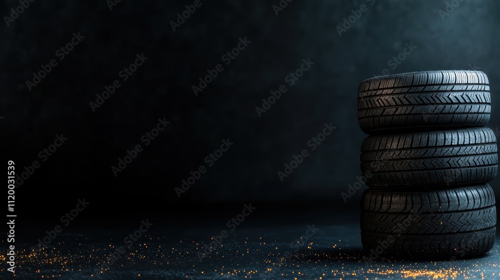 Image of three car tires stacked vertically on a dark background with a ...