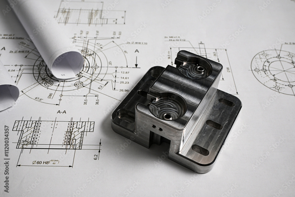 Metal part lying on engineering drawing with rolled blueprints ...