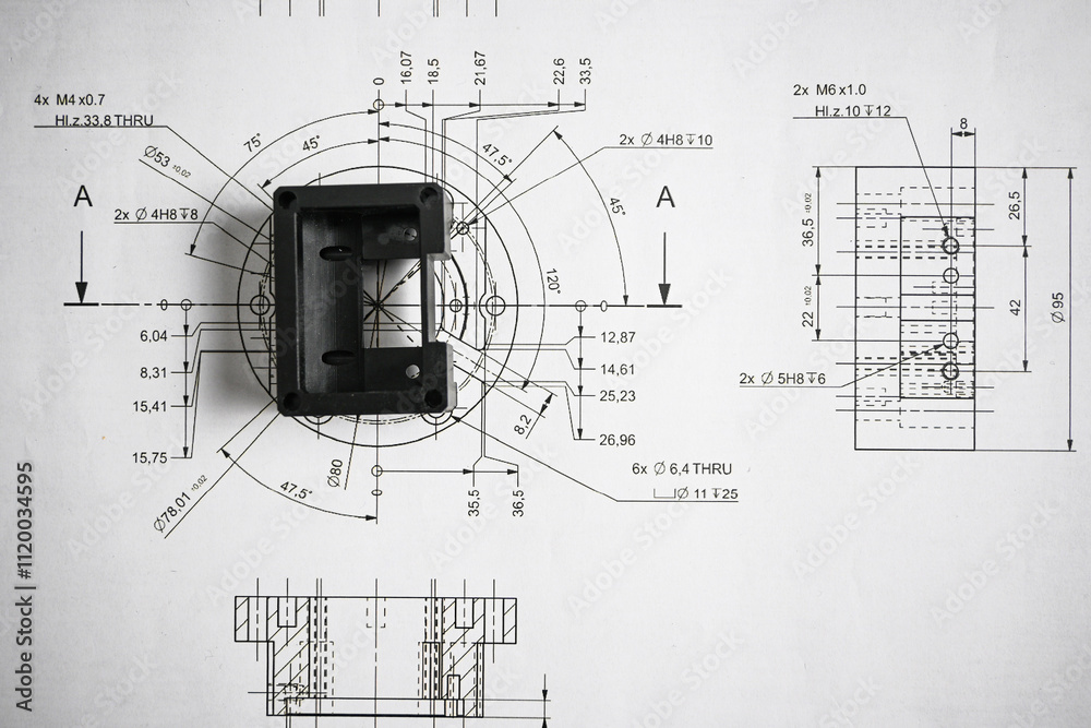 Black plastic prototype lying on a technical drawing with measurements ...