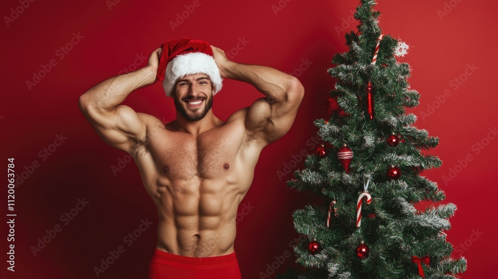 Happy attractive athletic man with naked torso and muscles posing in ...