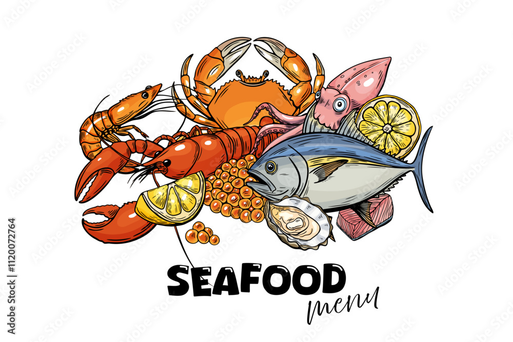 Seafood, set menu. Line drawing vector, Hand drawn food. oyster ...