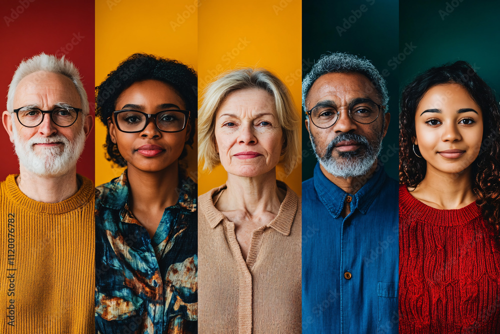 Five diverse individuals in colorful panels showcasing their ...