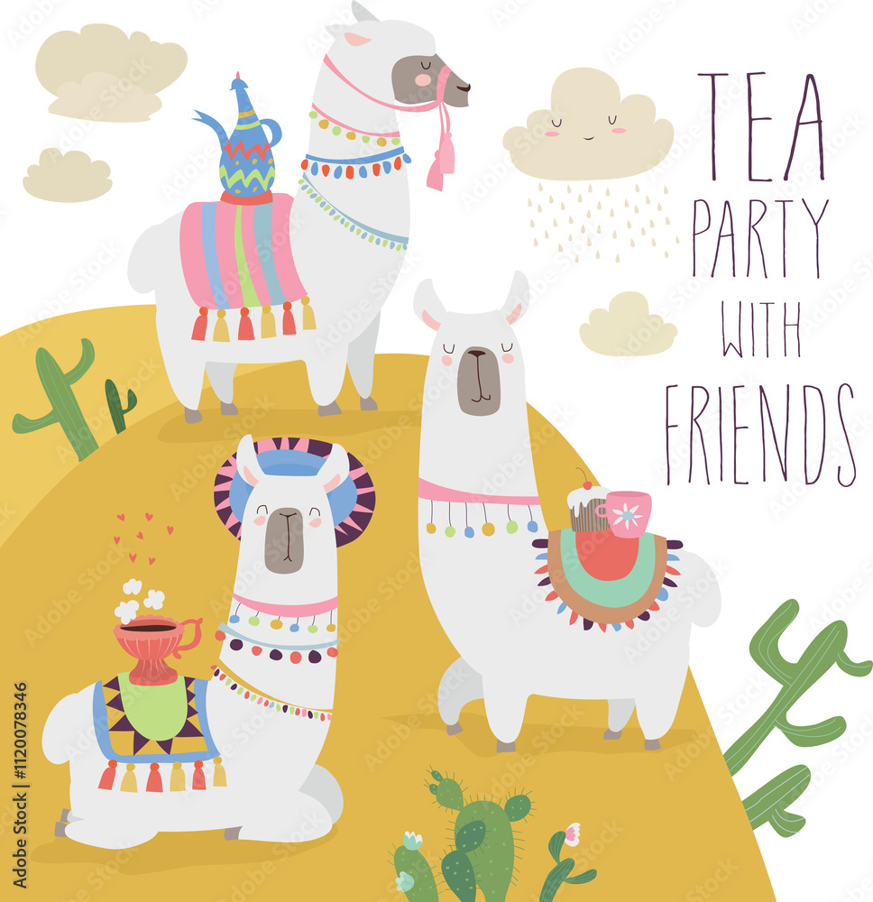 Cute friends mexican white alpaca llamas drinking tea. Vector illustration Stock Illustration ...