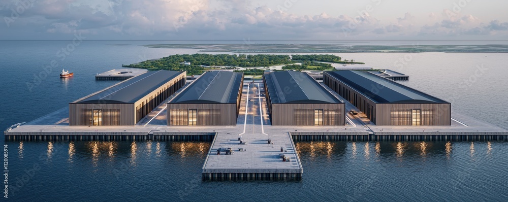A modern waterfront facility showcases sleek architecture and large ...