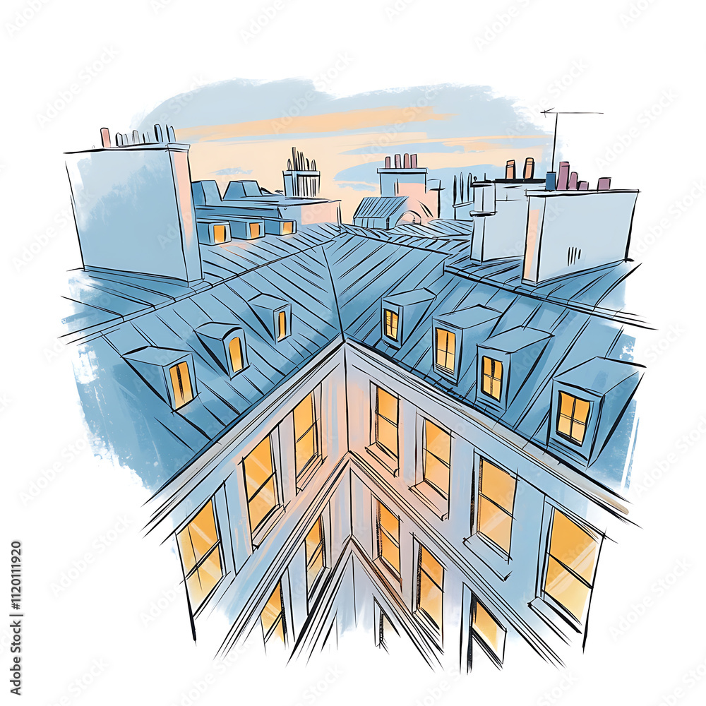 Rooftop view ofcity at dusk warm golden lights in windows below ...