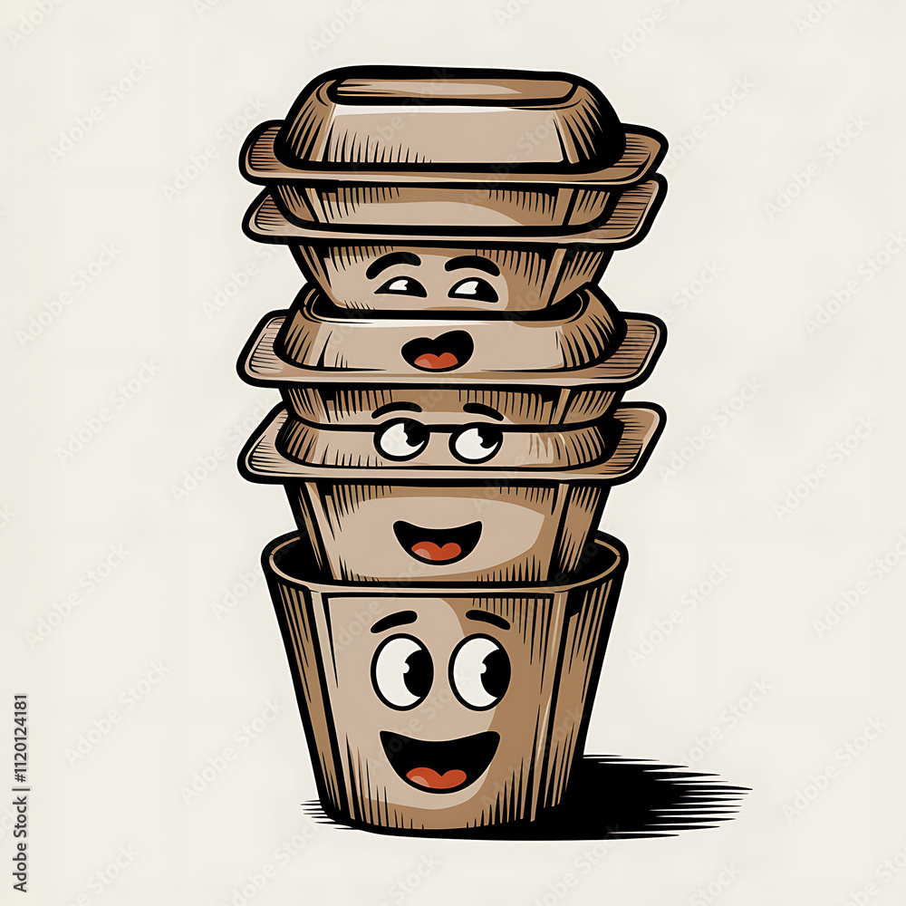 stack of empty takeout containers making funny faces inheap isolated on ...