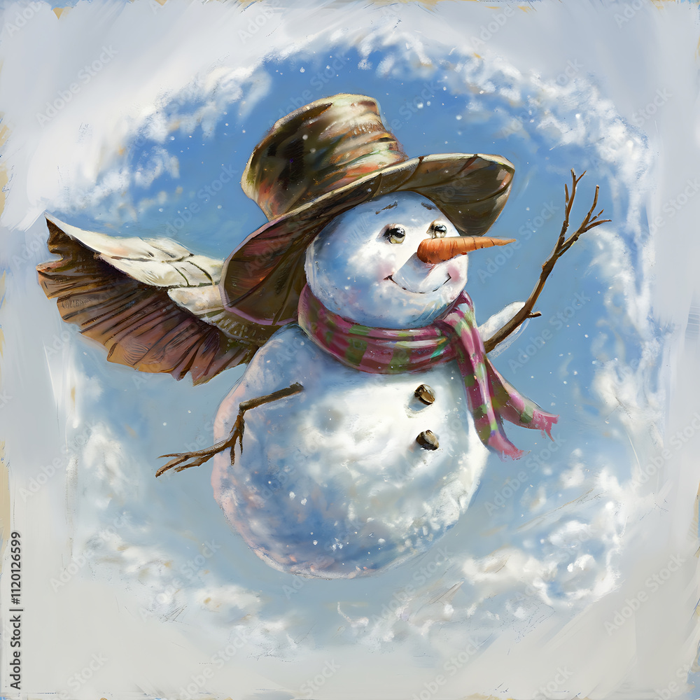 tiny snowman whos trying to flyChristmas sky isolated on white ...